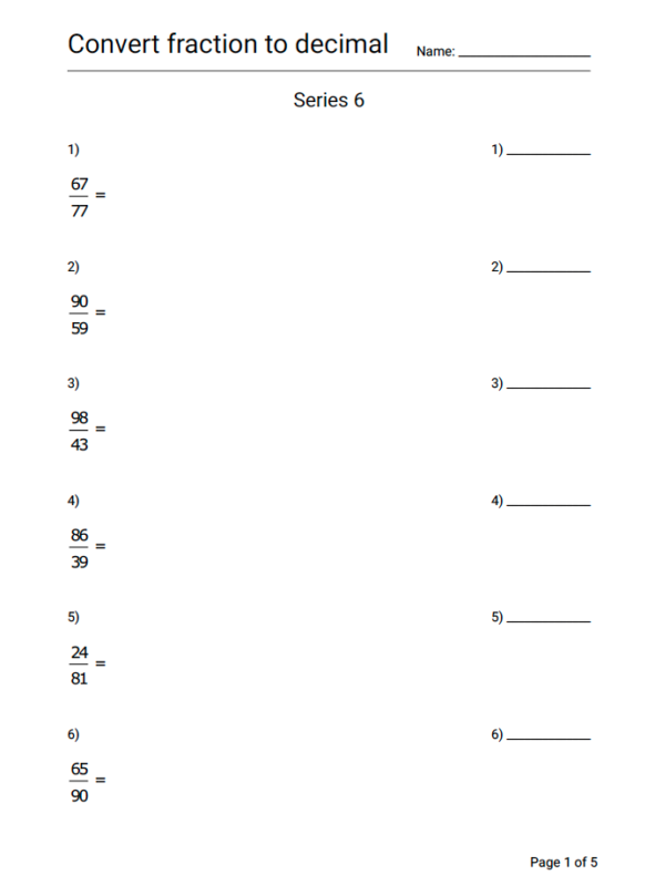 Math Fractions To Decimals Practice Worksheet Series 6 - Geek Slop Online