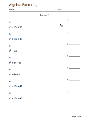 Math Algebra Factoring Practice Worksheet Series 1 - Geek Slop Online