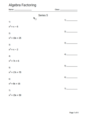 Math Algebra Factoring Practice Worksheet Series 5 - Geek Slop Online