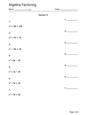 Math Algebra Factoring Practice Worksheet Series 9 - Geek Slop Online