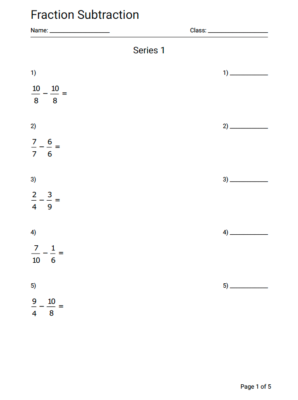 Math Fraction Subtraction Practice Worksheet Value 5-PACK (Series 1-5 ...