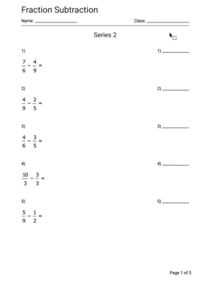 Math Fraction Subtraction Practice Worksheet Value 5-PACK (Series 1-5 ...