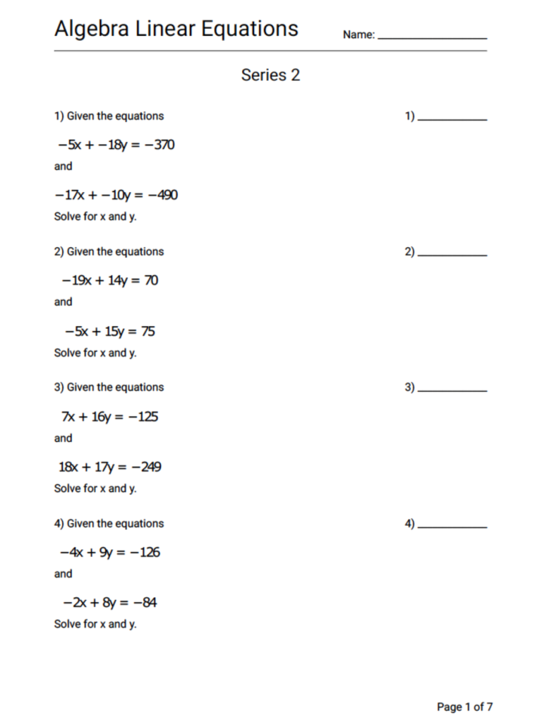 Algebra Linear Equations Worksheet Series 2 - Geek Slop Online