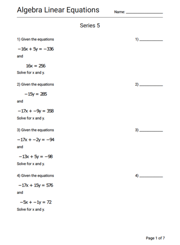 Algebra Linear Equations Worksheet Series 5 - Geek Slop Online