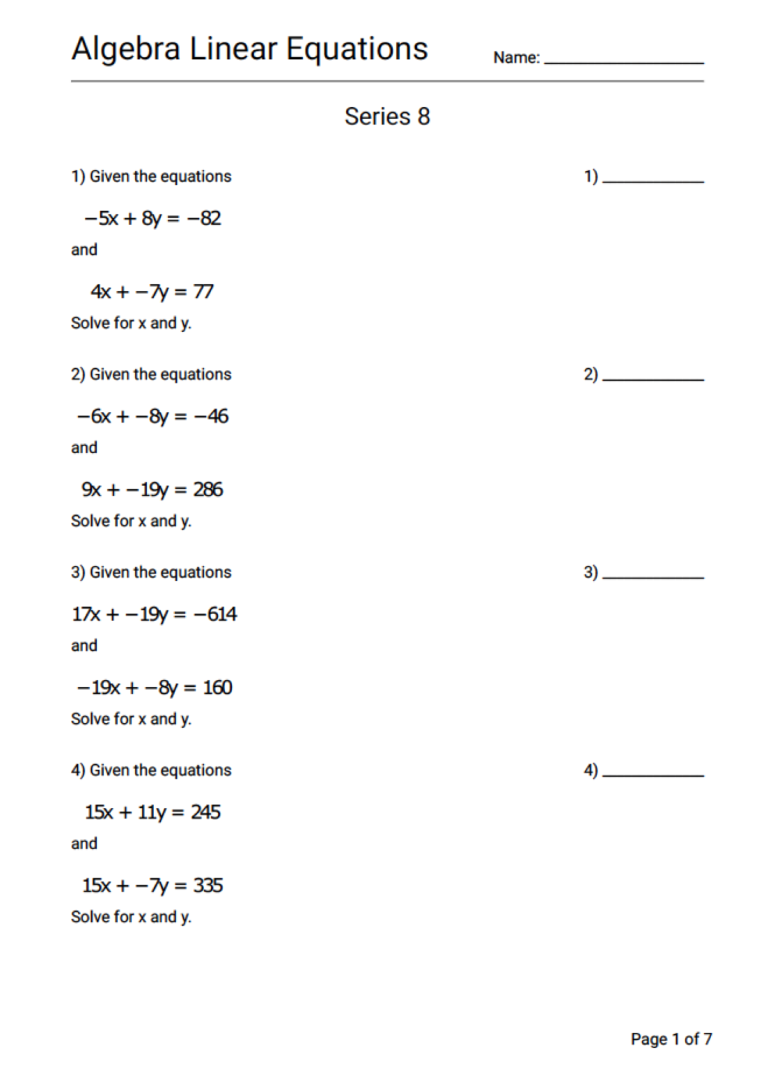 Algebra Linear Equations Worksheet Series 8 - Geek Slop Online