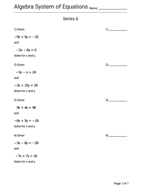 Algebra Systems Of Equations Worksheet Series 6 - Geek Slop Online