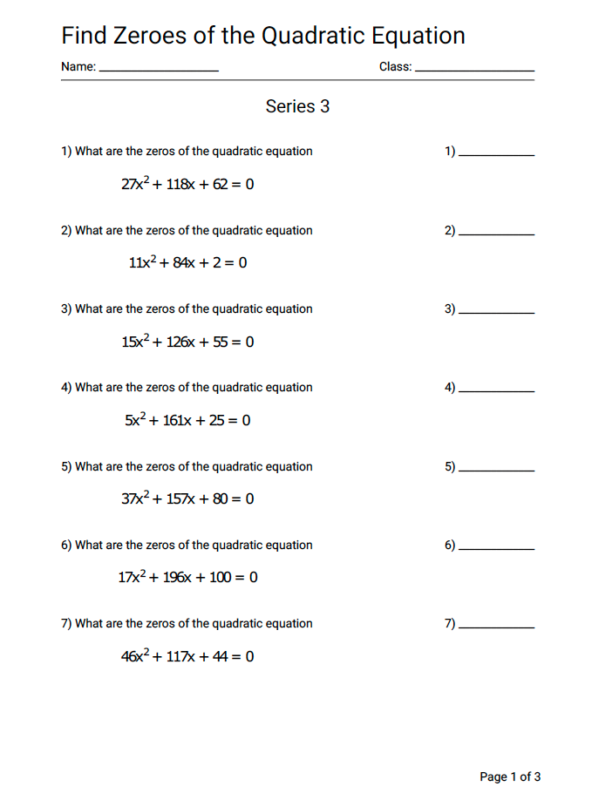 Math Quadratic Equation Zeroes Worksheet Series 3 - Geek Slop Online