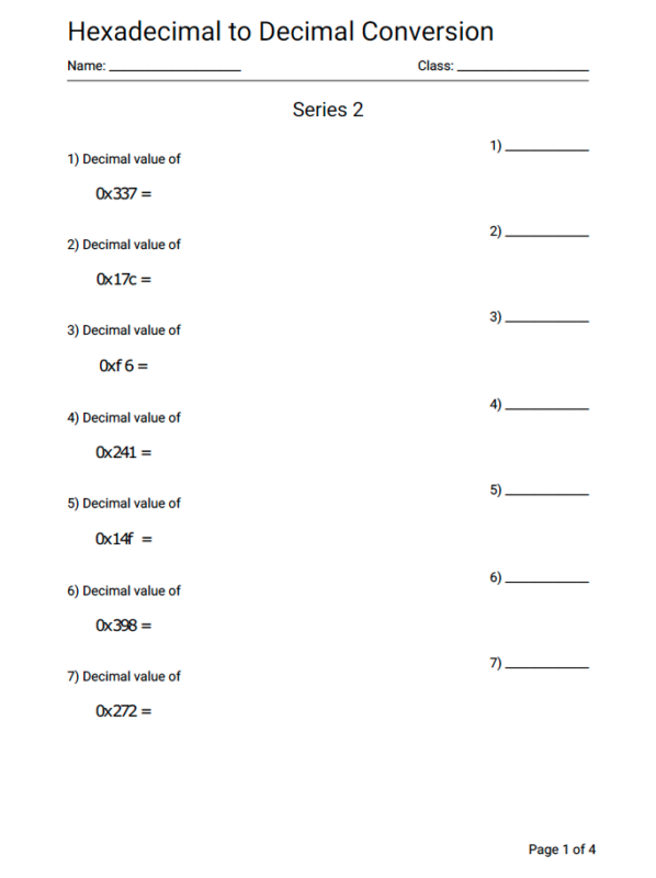 Hexadecimal To Decimal Conversion Practice Worksheet Series 2 Geek 0159